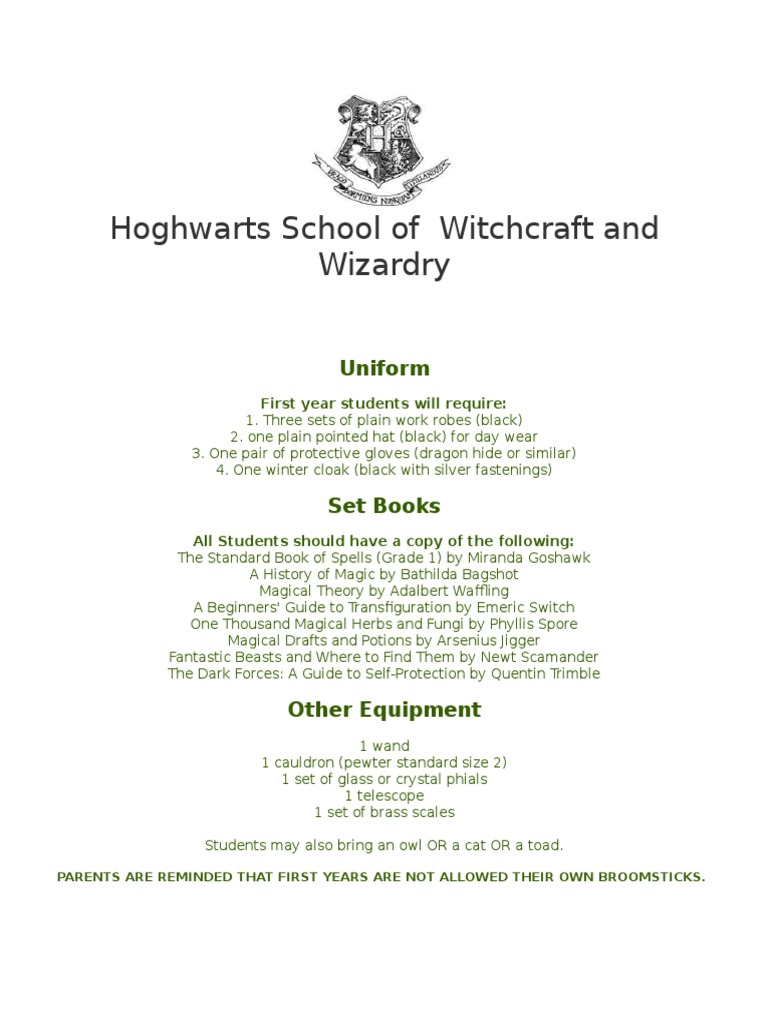 Hogwarts First Year Supply List | PDF