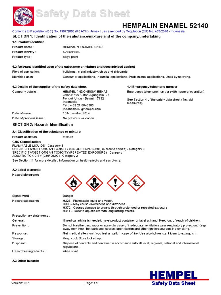 Hempalin Enamel 5214011480 | PDF | Toxicity | Dangerous Goods