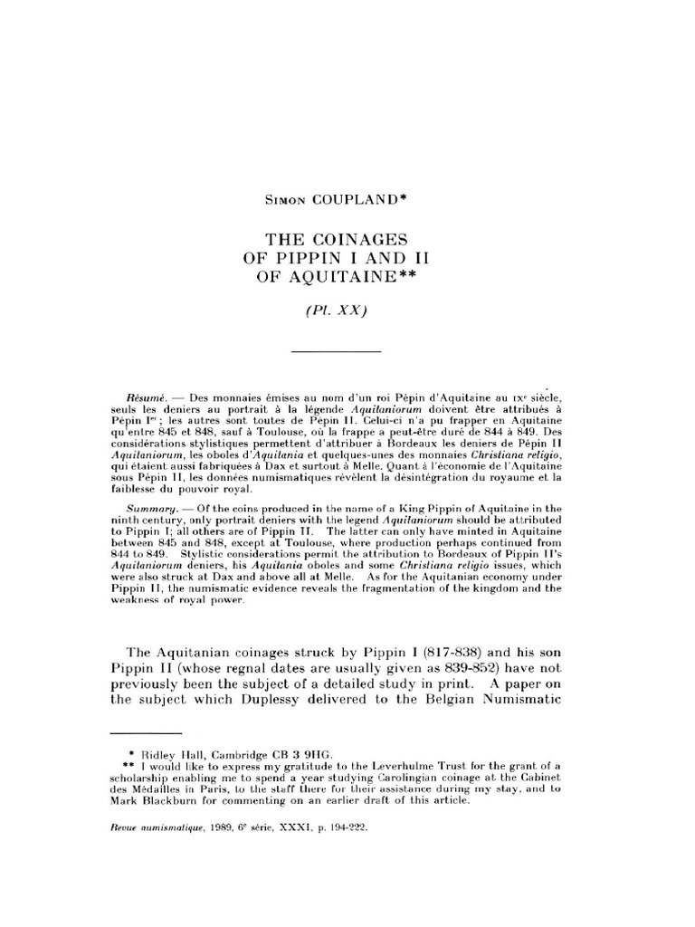 The Coinages of Pippin I and II of Aquitaine / Simon Coupland | PDF