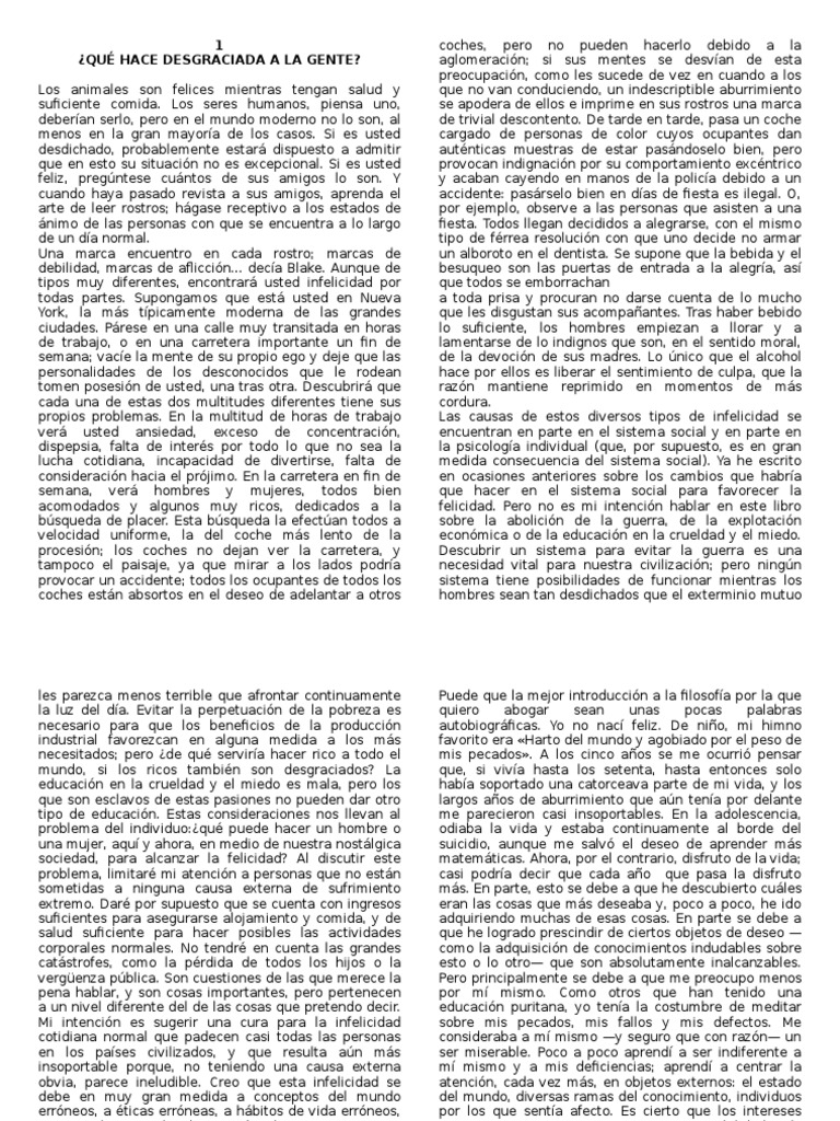 Qué Hace Desgraciada A La Gente. Russell, B. | PDF | Narcisismo | Felicidad