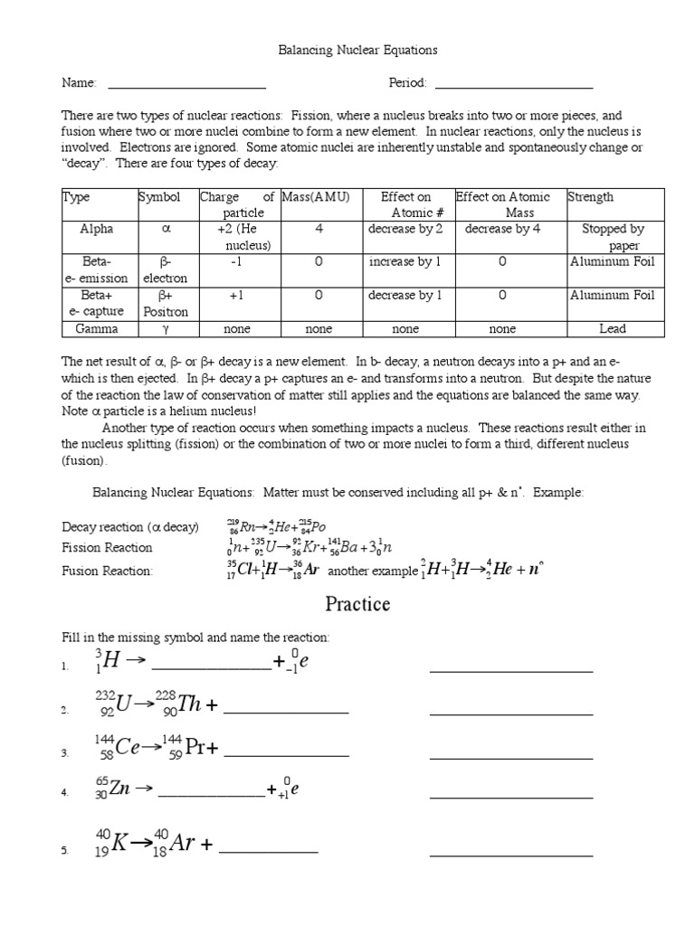 Balancing Nuclear Reactions Worksheet | PDF | Nuclear Reaction ...
