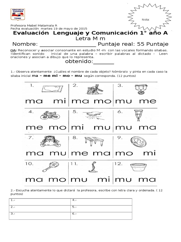 Prueba Letra m Primero Basico 2015