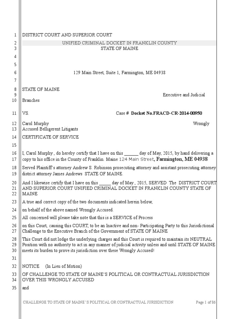 Challenge to State of Maine’ s Political or Contractual Jurisdiction ...