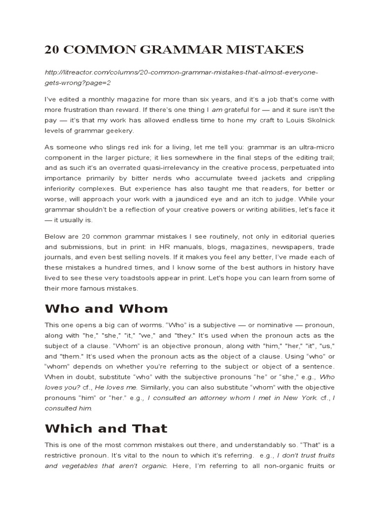 20 Common Grammar Mistakes | PDF | Pronoun | Clause
