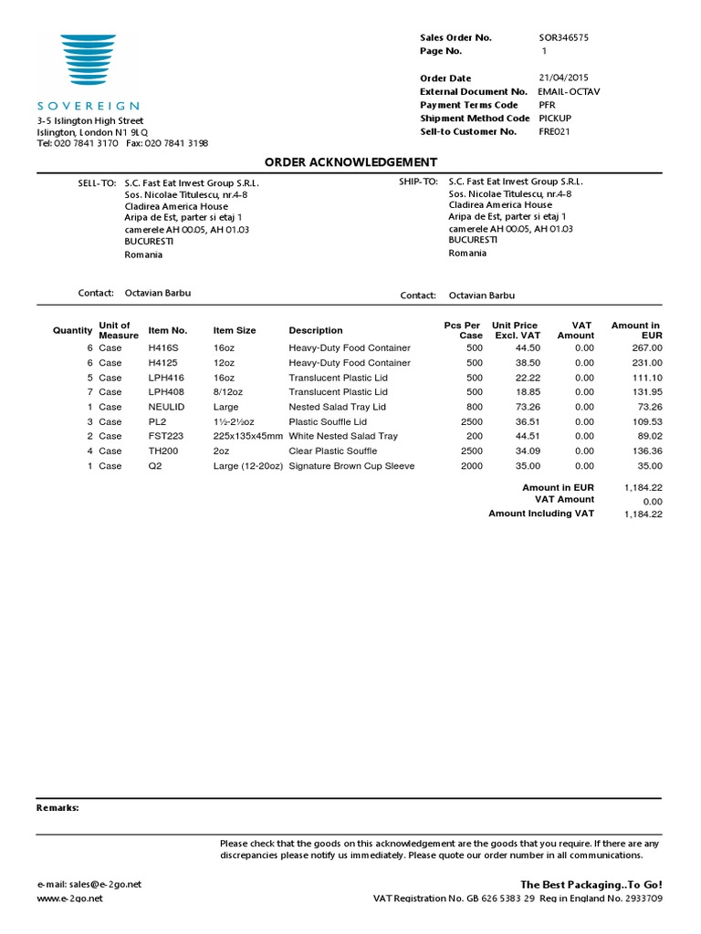 Order Acknowledgement for Food Containers | PDF | Finance & Money ...