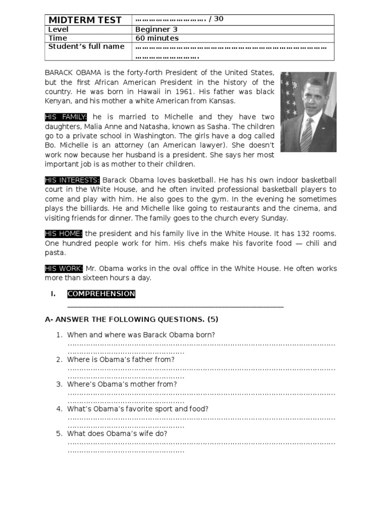 Barack Obama - Reading Comprehension Elementary | PDF | Michelle Obama ...