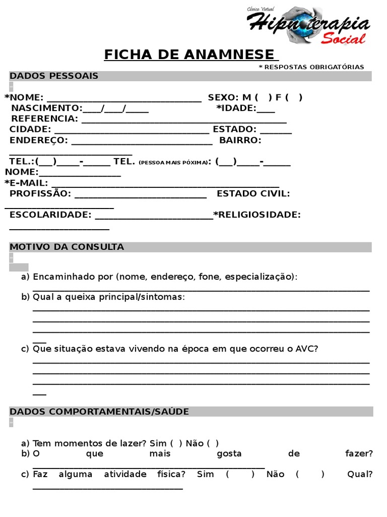 01 - Anamnese - Ficha de Anamnese - 2.0 | PDF | AVC | Psicologia