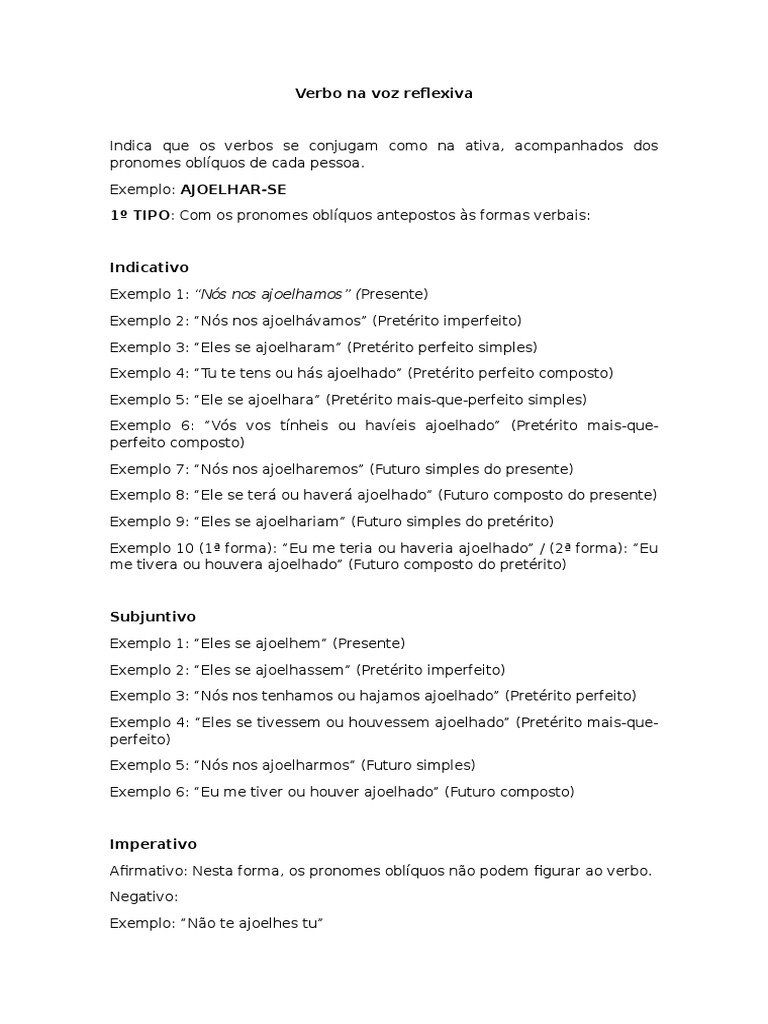 Conjugação de verbos na voz reflexiva: exemplos e regras | PDF ...