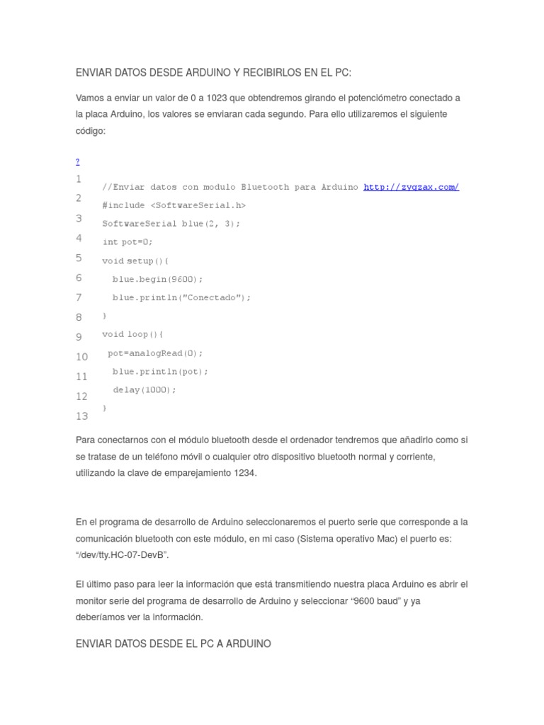 Enviar Datos Desde Arduino Y Recibirlos En El Pc Descargar Gratis Pdf Bluetooth Arduino