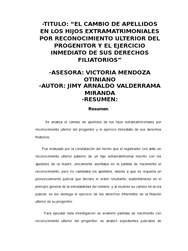 El Cambio de Apellidos en Los Hijos Extramatrimoniales Por ...