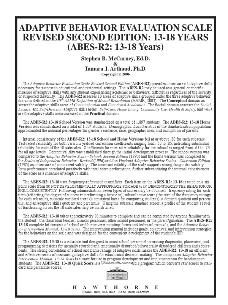 Adaptive Behavior Evaluation Scale Revised Second Edition: 13-18 Years | PDF | Validity ...
