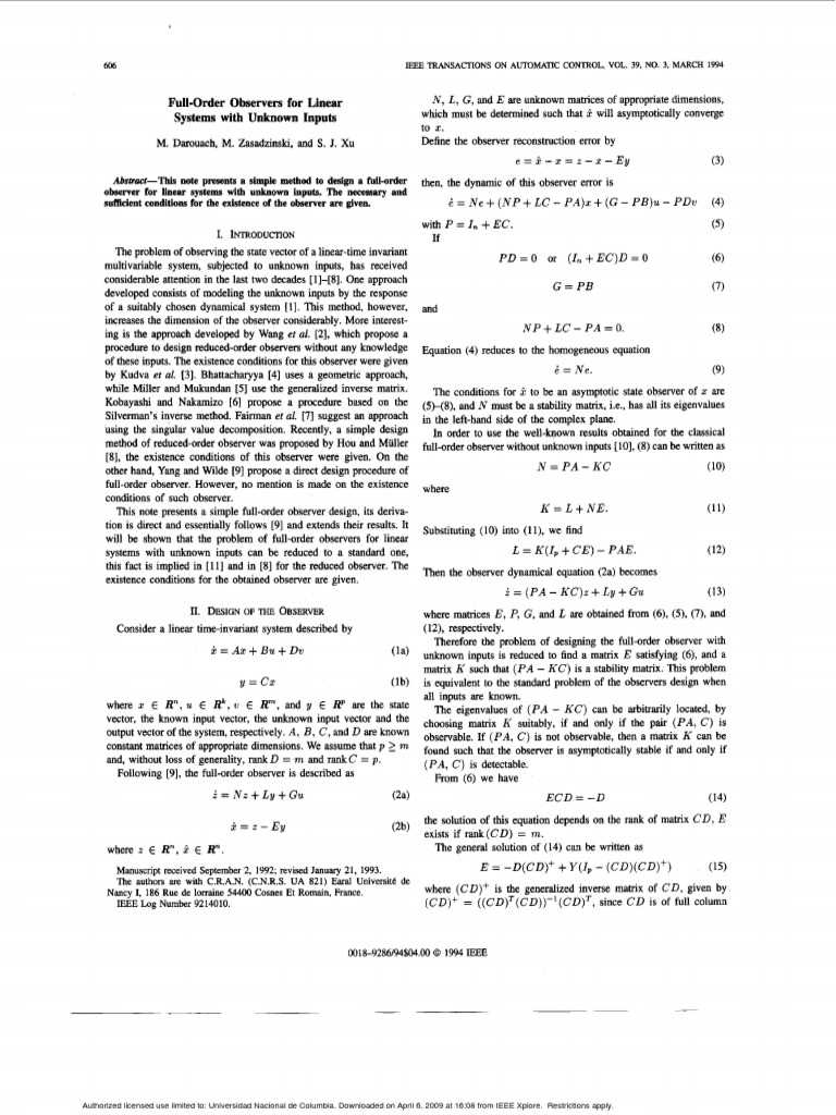 Full-Order Observers For Linear Systems With Unknown Inputs | PDF | Stability Theory | Matrix ...