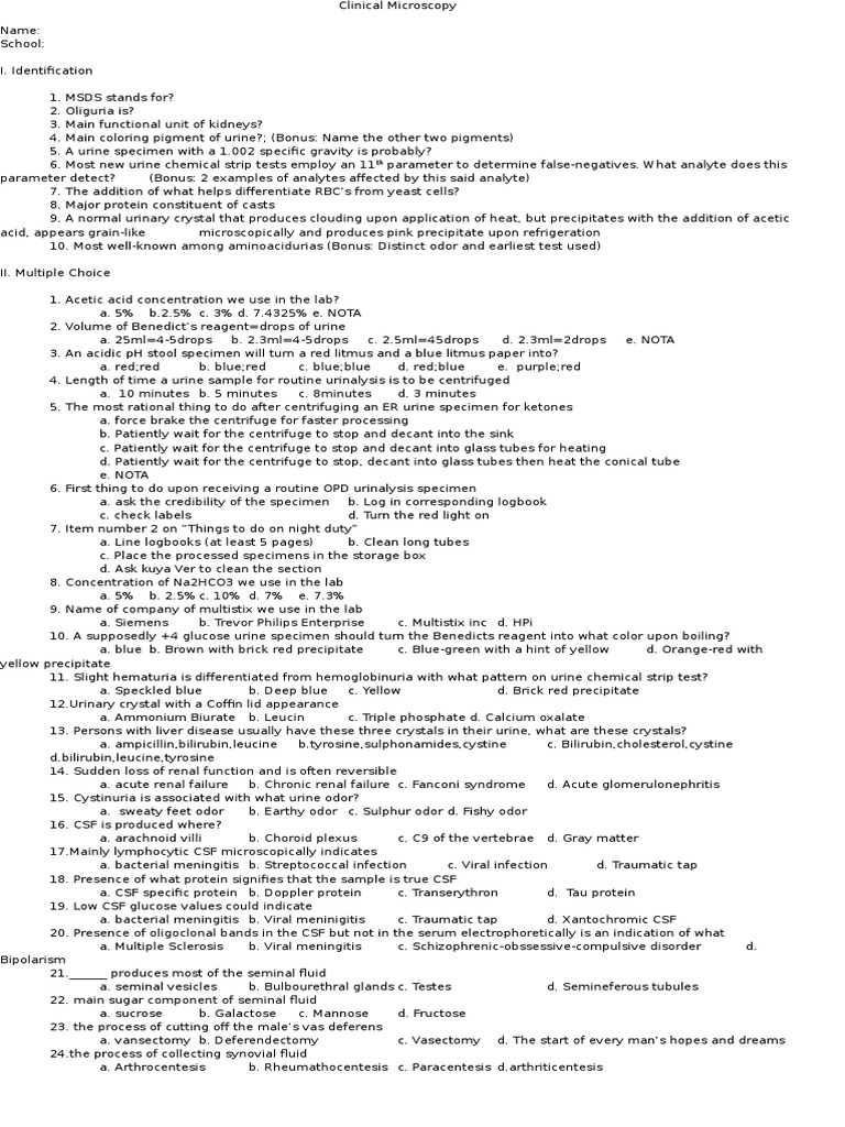 Clinical Microscopy Exam Review Guide | PDF | Cerebrospinal Fluid | Urine