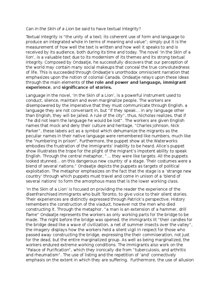 In The Skin of A Lion Essay | PDF | Storytelling | Romance Novels