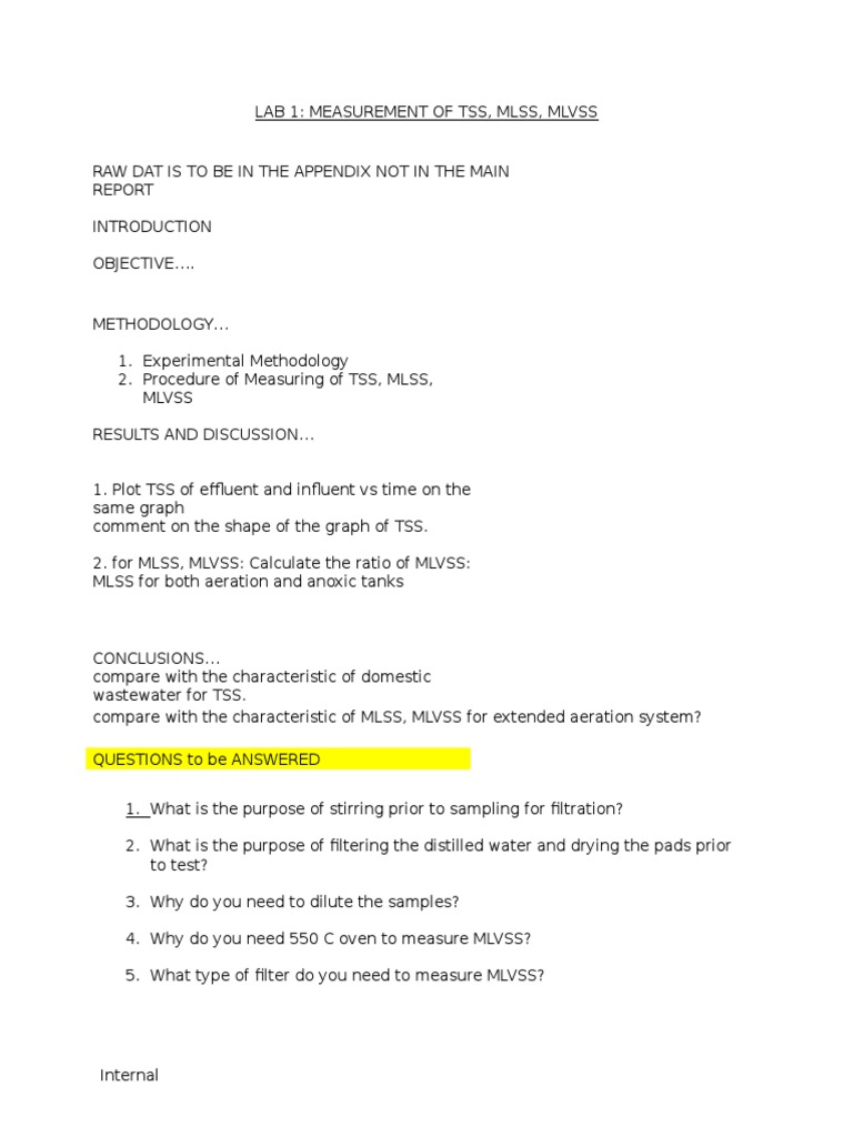 Lab 1 TSS, MLVSS, Mlss Lab Sheet | PDF | Technology & Engineering