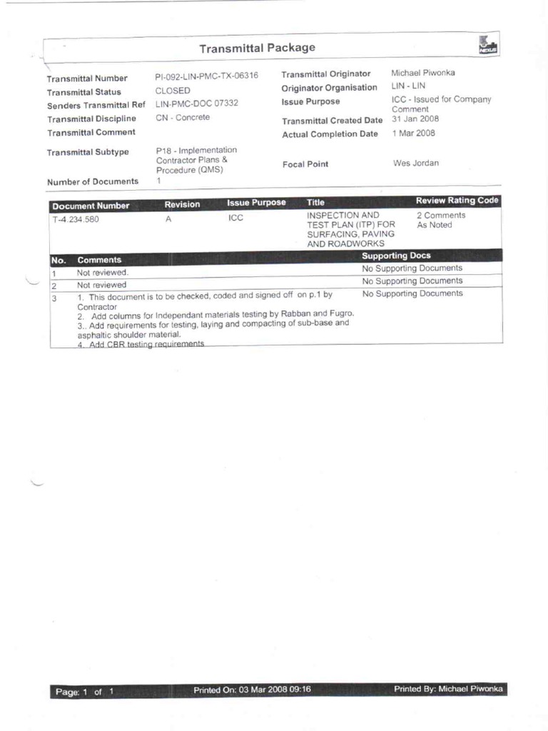 Pearl GTL Project: ITP for Road Works | PDF | Specification (Technical ...