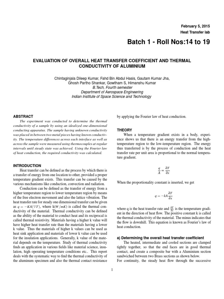 Heat Transfer Lab Experiment Report | PDF | Thermal Conductivity ...