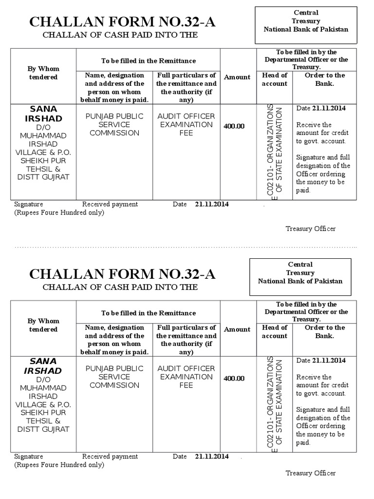 Challan Form No.32-A: Challan of Cash Paid Into The | PDF | Financial ...