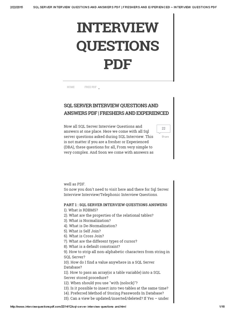 SQL Server Interview Questions and Answers PDF - Freshers and ...