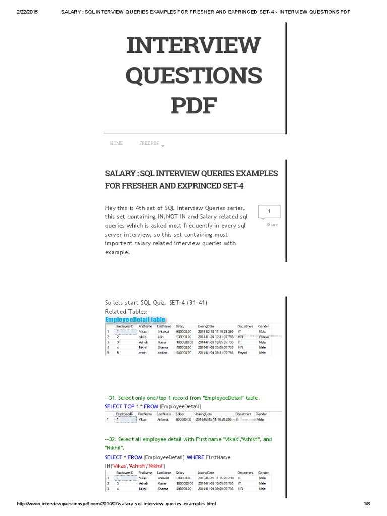Salary - SQL Interview Queries Examples For Fresher and Exprinced Set-4 ...
