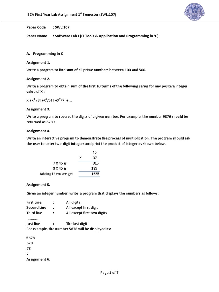 BCA Lab Assignments for Software Lab I | PDF | Summation | Computer File