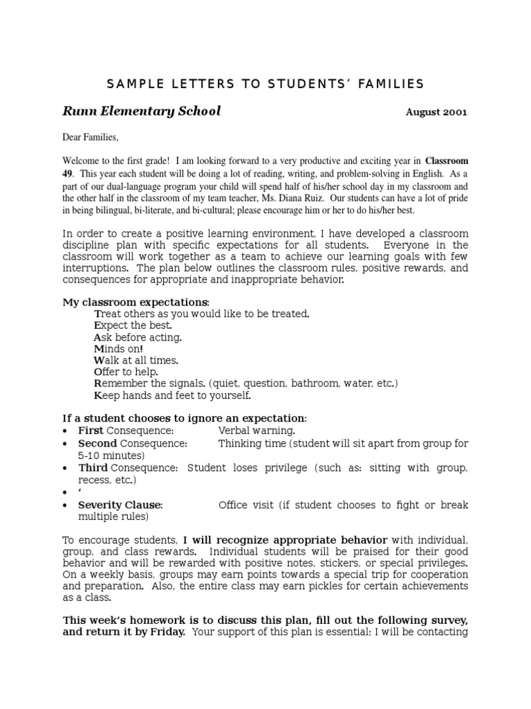 Sample Letters To Students' Families: Runn Elementary School | PDF