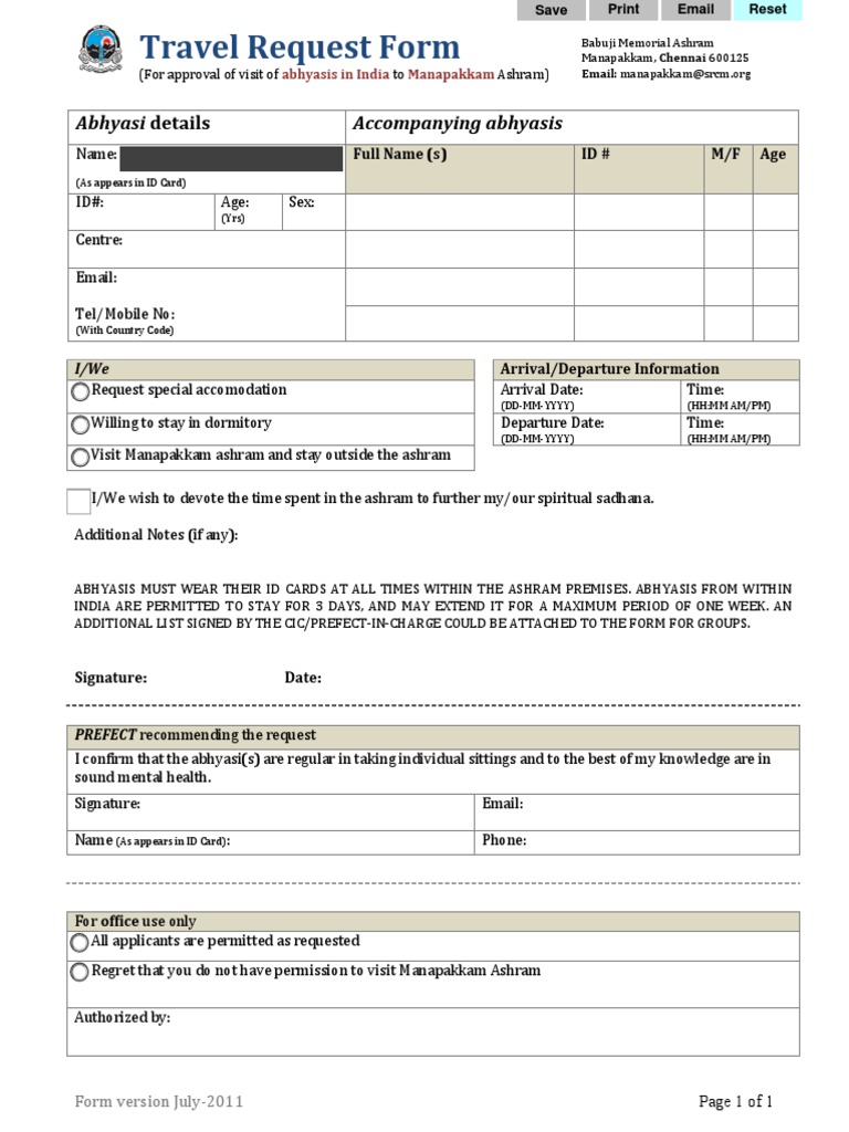 Manapakkam Ashram Travel Form | PDF