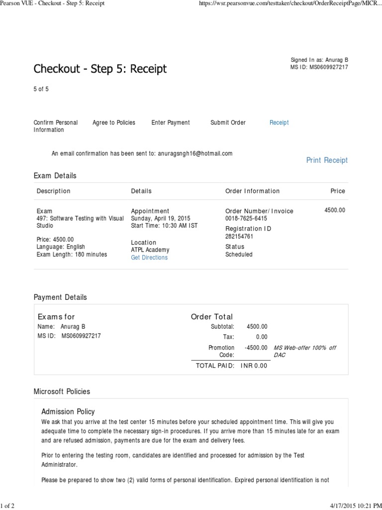 Pearson VUE - Checkout - Step 5_ Receipt | Identity Document | Point Of ...