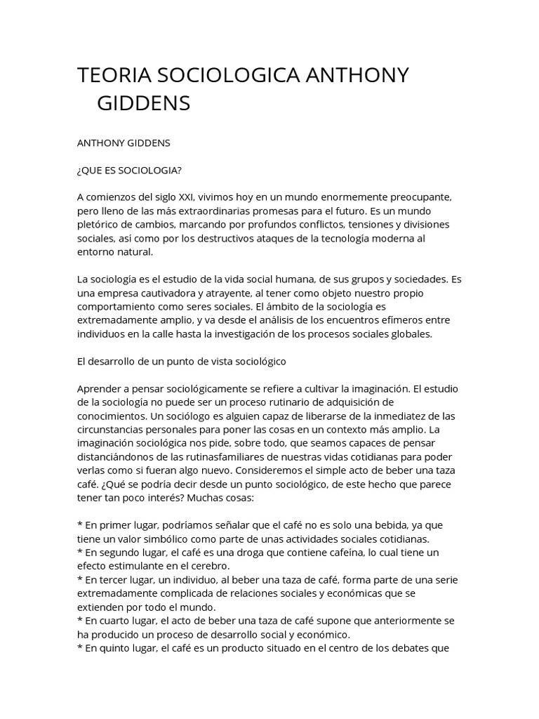 Teoria Sociologica Anthony Giddens | PDF | Sociología | Sociedad