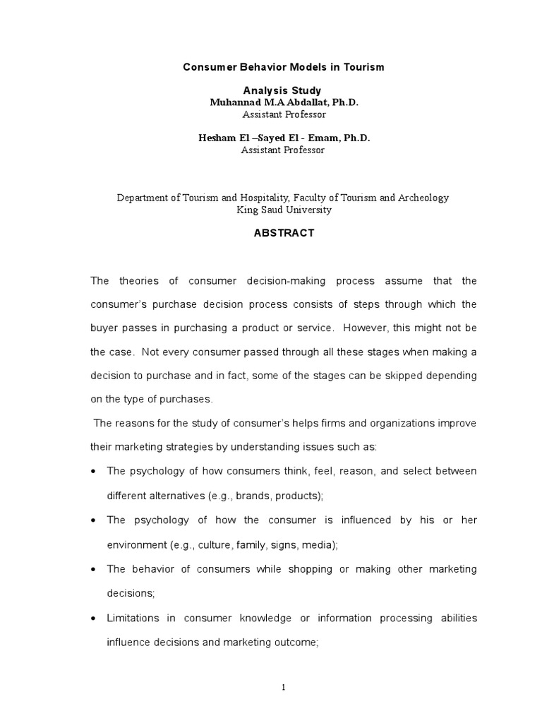 Consumer Behavior Models And Consumer Behavior In Tourism Pdf