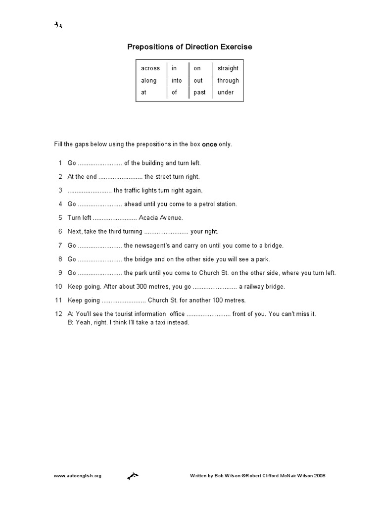 Prepositions of Direction Exercise: Written by Bob Wilson ©robert ...
