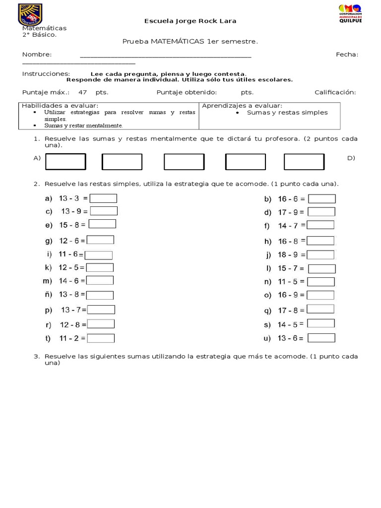 Prueba Sumas y Restas Simples | PDF | Métodos y materiales de enseñanza ...