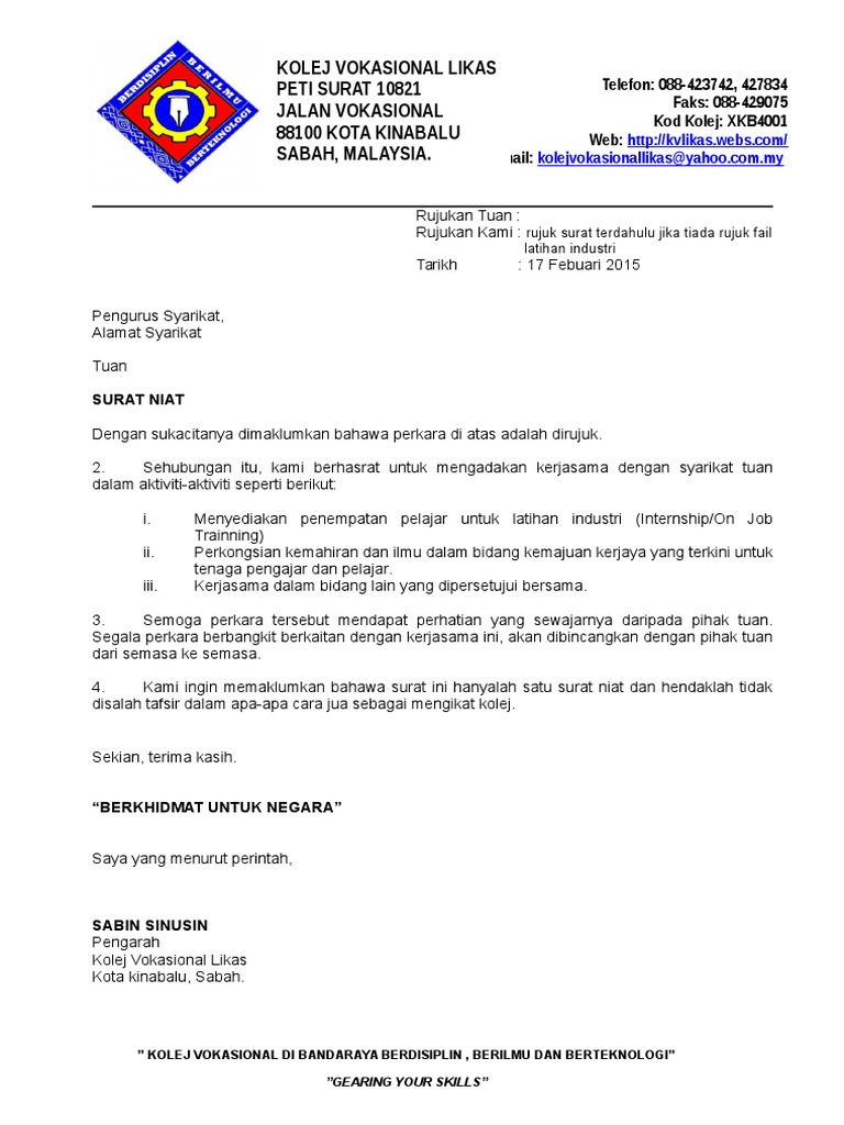 Surat Niat KV Likas | PDF
