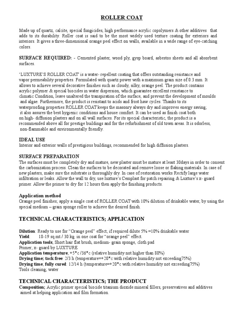 Roller Coat Specification | PDF | Plaster | Poly(Methyl Methacrylate)