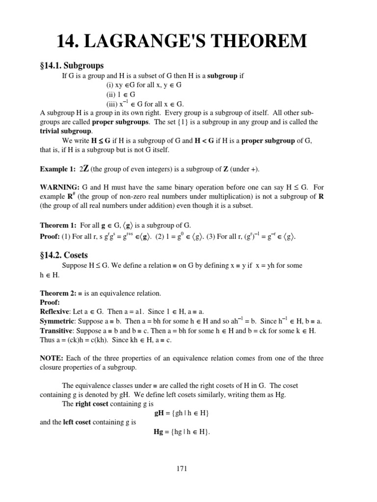 CHAP14 Lagrange's Theorem | PDF | Group (Mathematics) | Metric Geometry CHAP14 Lagrange's Theorem | PDF | Group (Mathematics) | Metric Geometry