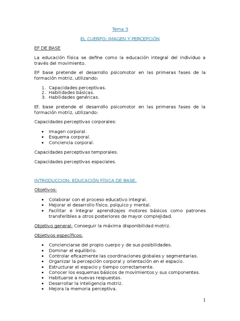 Tema 3 Ef El Cuerpo. Imagen y Percepcion | PDF | Percepción | Educación Física