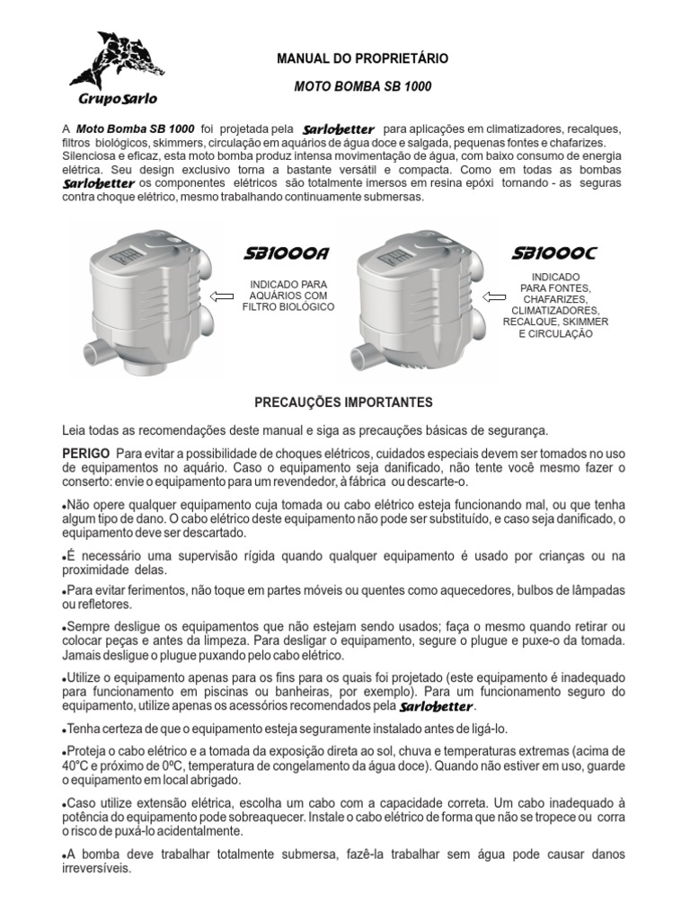 MOTO BOMBA SB 1000 MANUAL | PDF | Aquário | Bonde