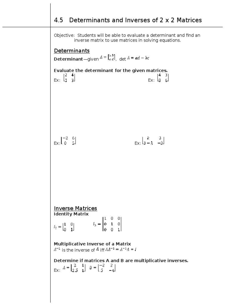 Determinants and Inverses of 2x2 Matrices | PDF | Determinant ...