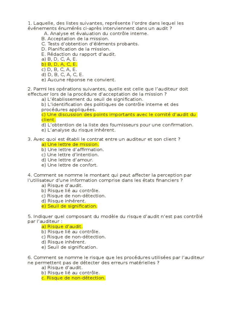 Examen QCM D - Audit | PDF | Audit | Risque