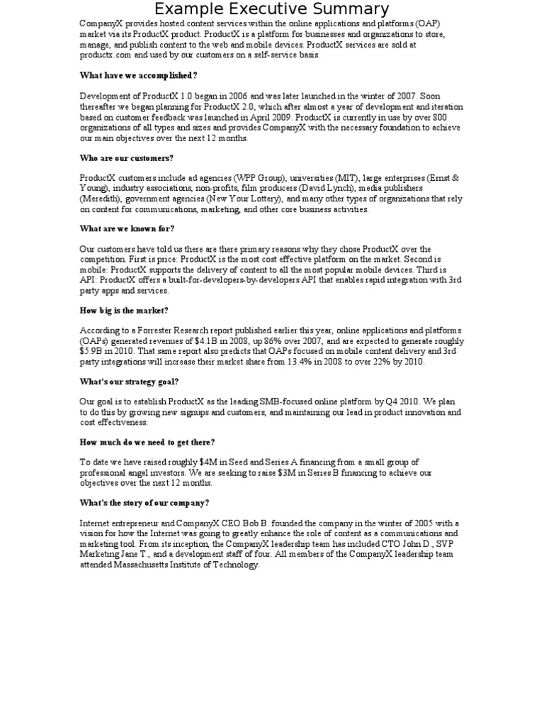 Example Executive Summary | PDF | Goal | Marketing Strategy