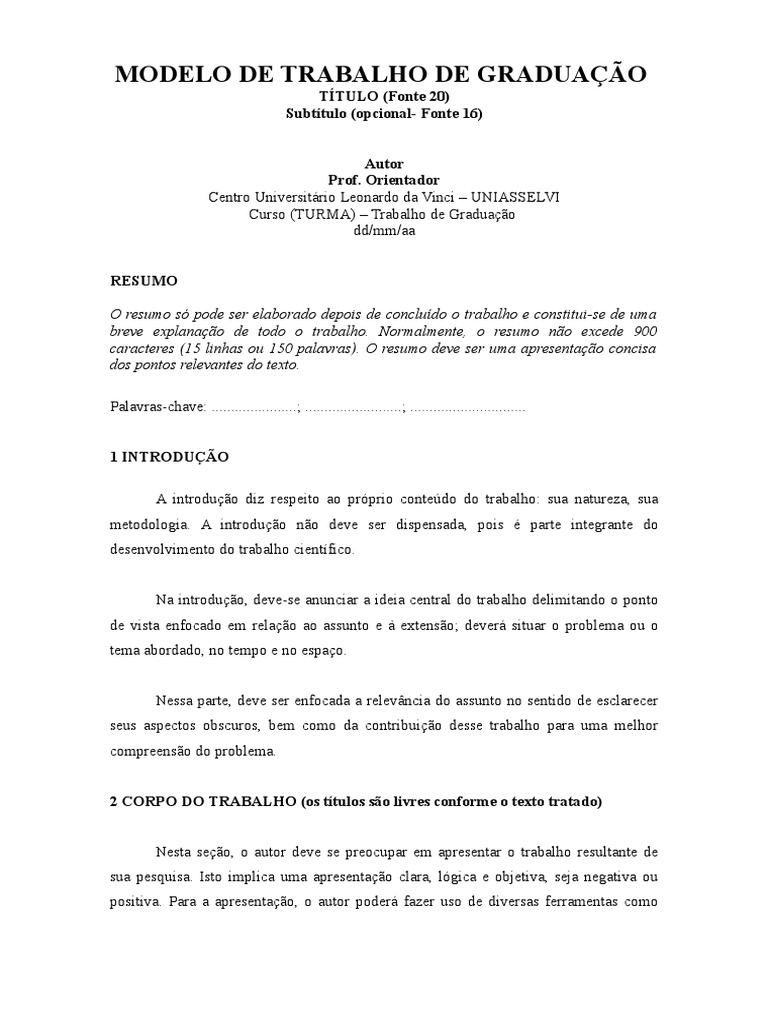 Modelo de Trabalho de Graduacao UNIASSELVI | Citação | Formação ...