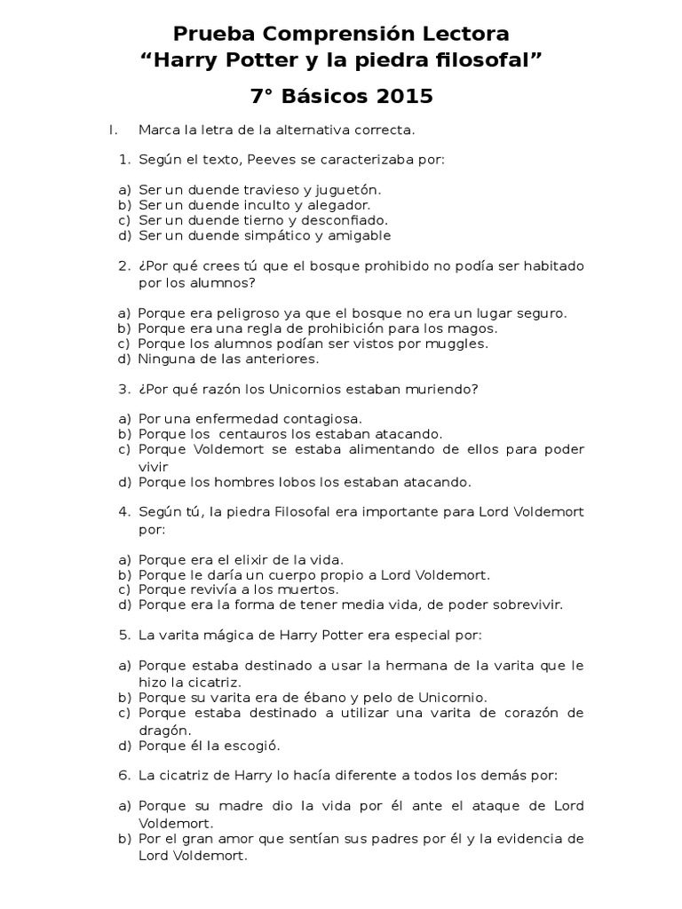 Prueba de Comprensión: Harry Potter | PDF | Harry Potter | Novelas de ...