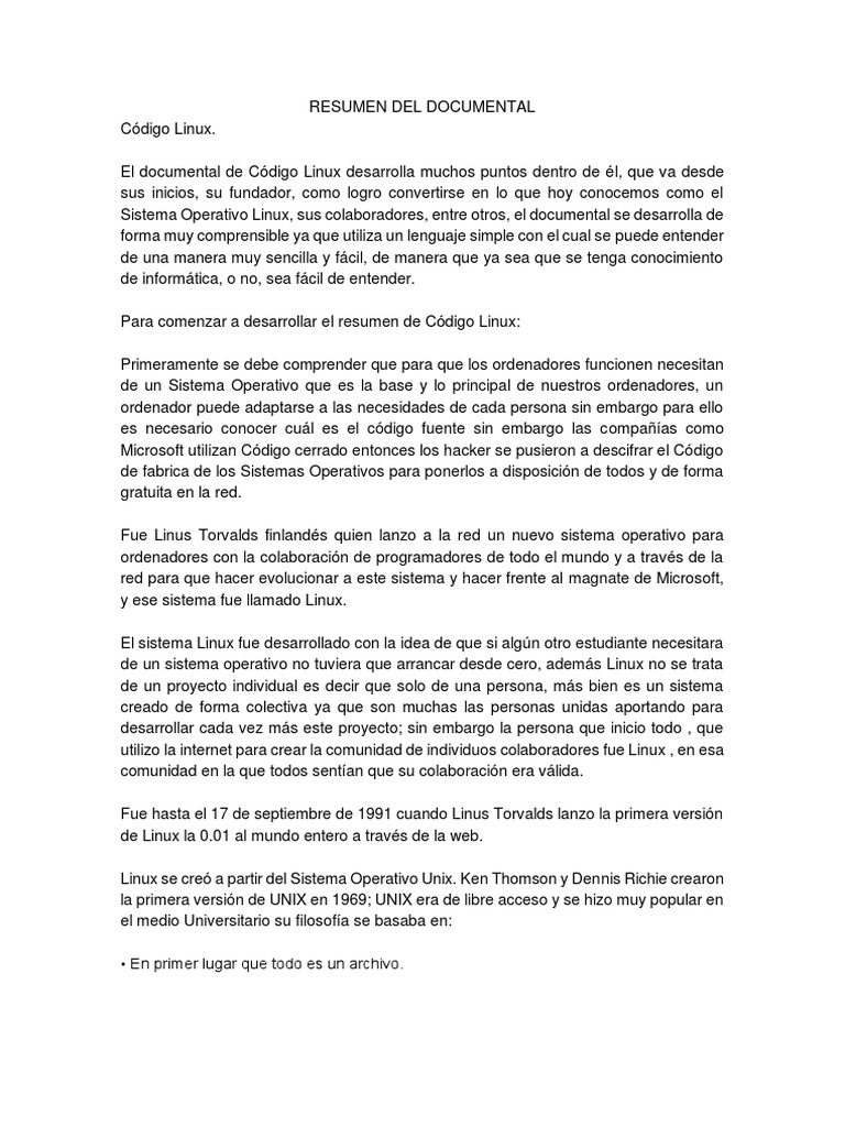 Resumen Documental Codigo Linux | PDF | Unix | Ñu