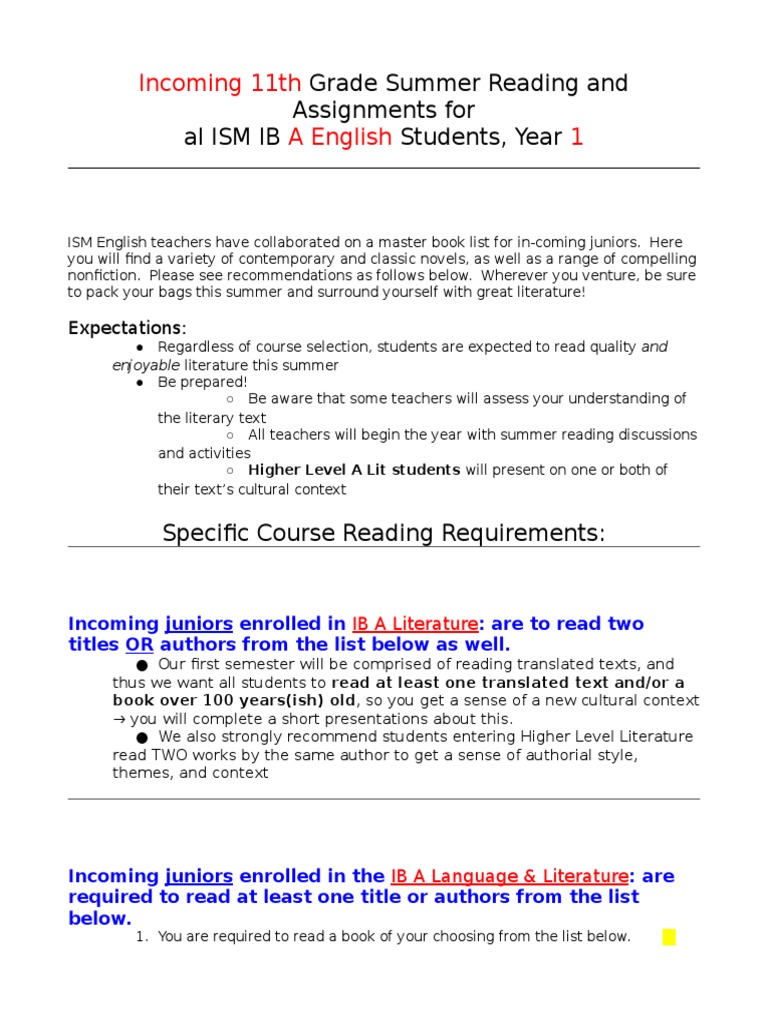 11th Grade IB English Summer Reading | PDF | Novels | Books