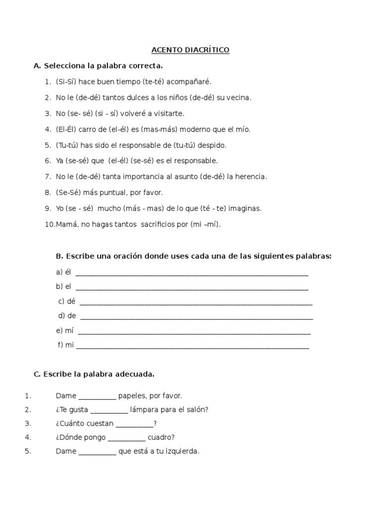 EJERCICIOS ACENTO DIACRÍTICO