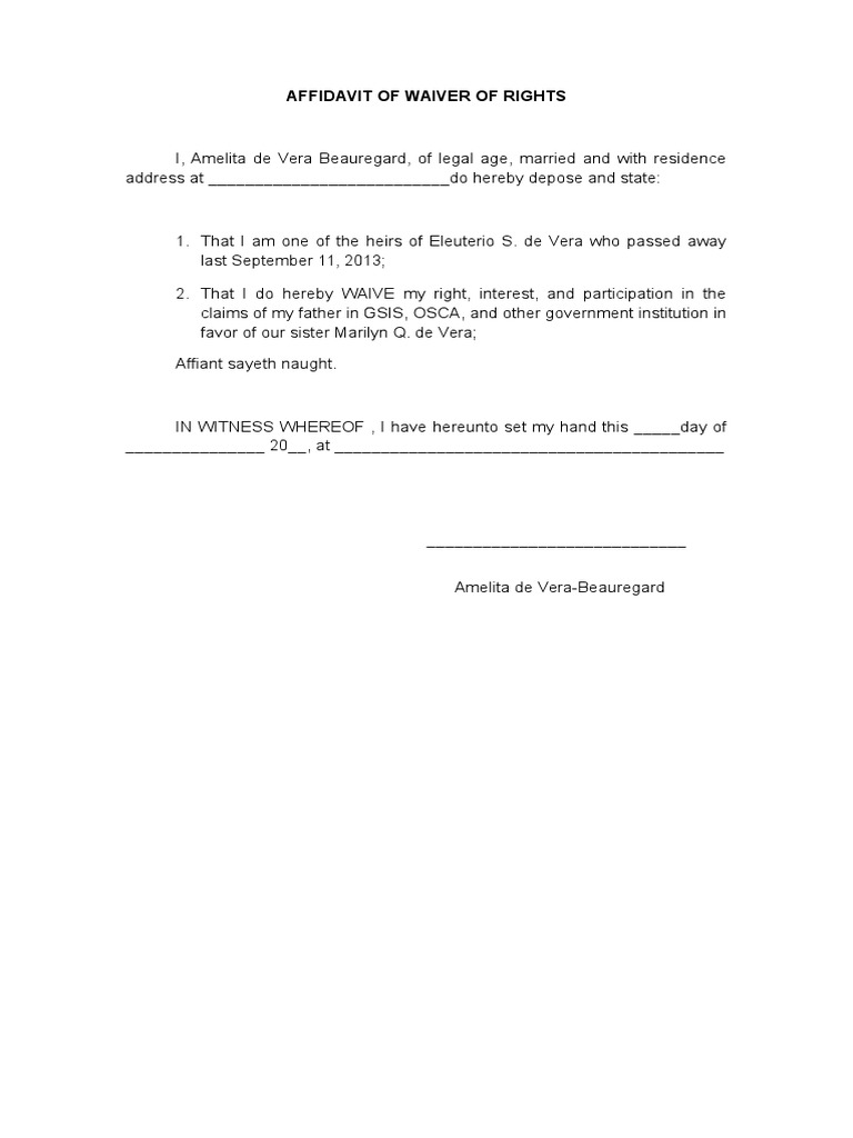 Affidavit Waiver Rights Heir Inheritance | PDF