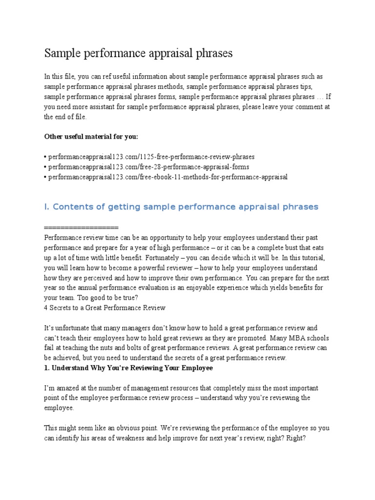 Sample Performance Appraisal Phrases | PDF | Performance Appraisal ...