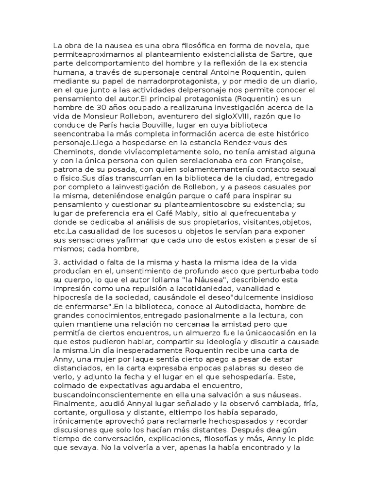 La Nausea Resumen y Critica | PDF | Existencialismo | Jean Paul Sartre