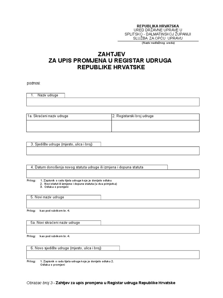 Zahtjev Za Upis Promjena U Registar Udruga RH | PDF