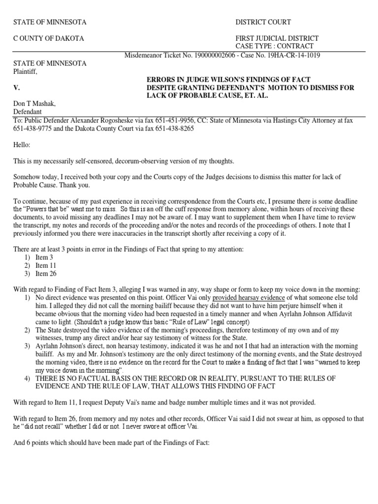 04/23/2015 Letter To Judge Christian S. Wilton Asking That "Errors" in ...